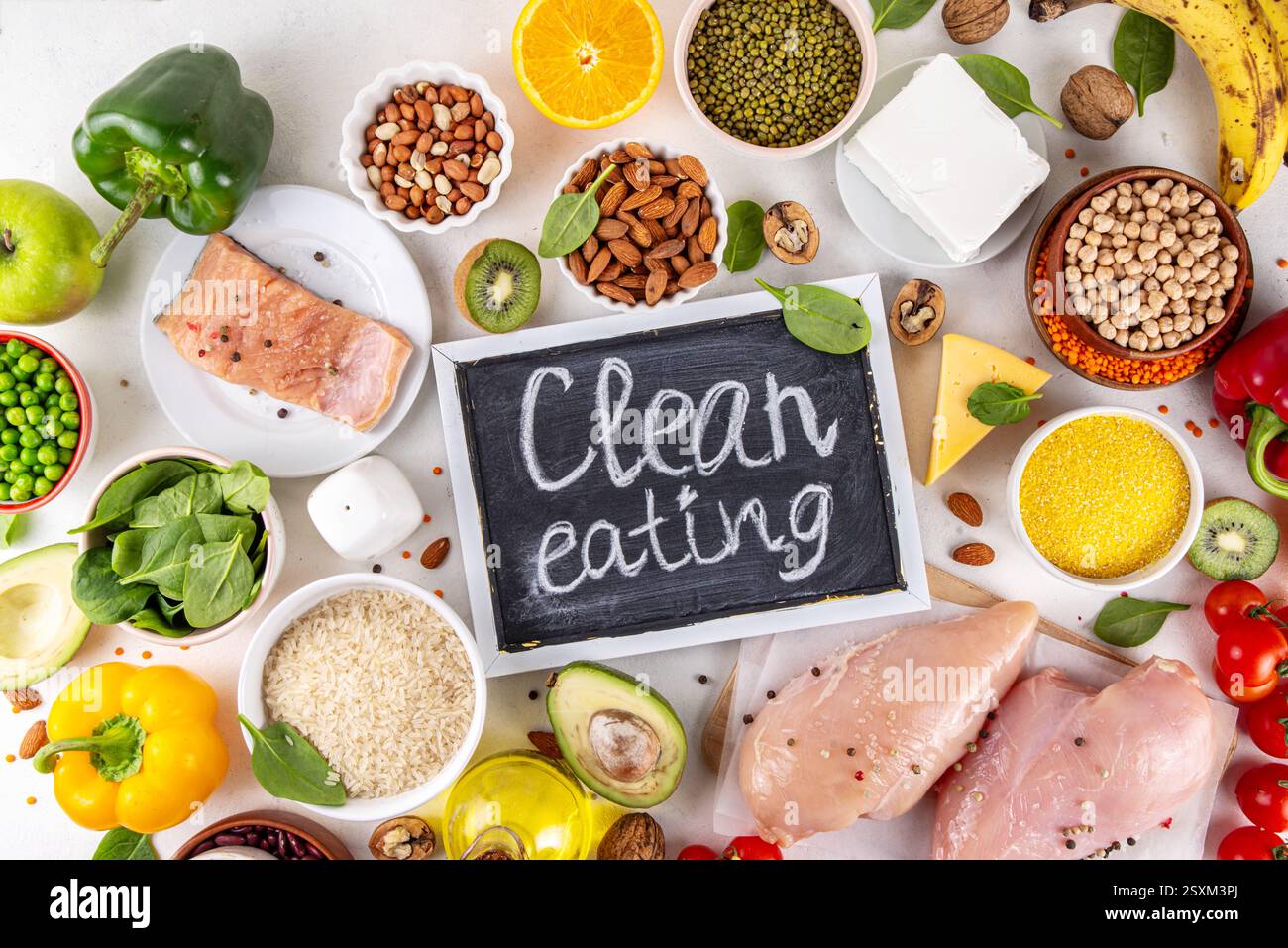 Clean Eating Diet foods background, fruits, vegetables, lean proteins ...