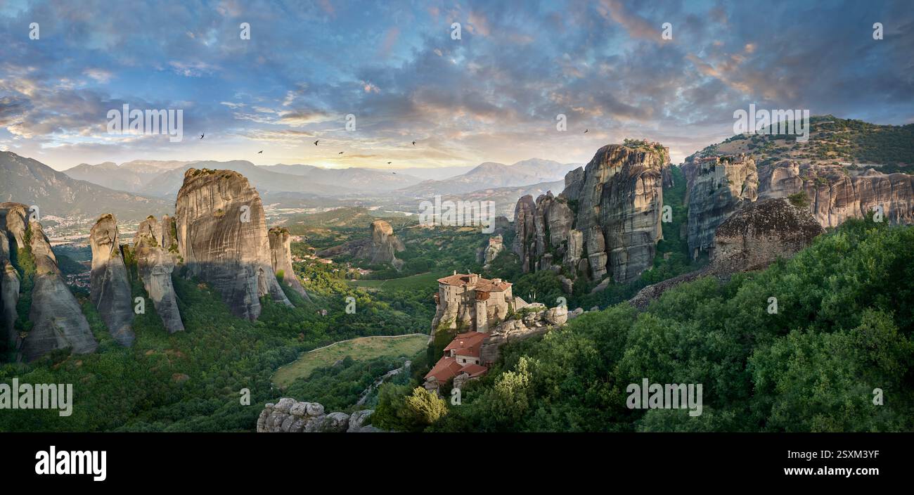 Medieval Meteora Monastery of St. Rousanou (Μονή Ρουσάνου) on top of a ...