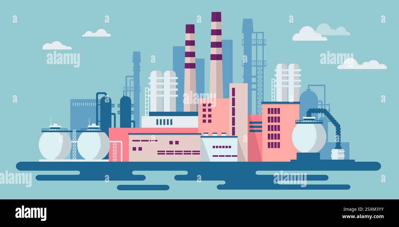 Stock vector illustration of an industrial zone with chemical factories ...