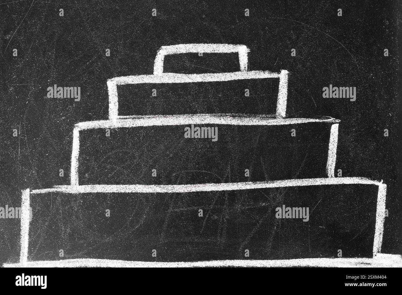 White chalk drawing of minimalist tower or pyramid on black grunge ...