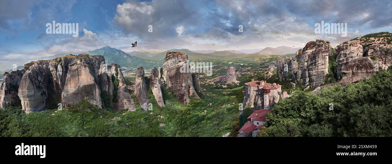 Medieval Meteora Monastery of St. Rousanou (Μονή Ρουσάνου) on top of a ...