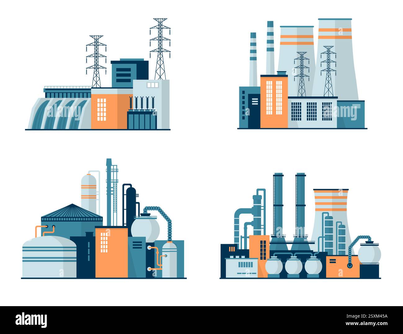 Electric energy power station generation types. Factory buildings of ...