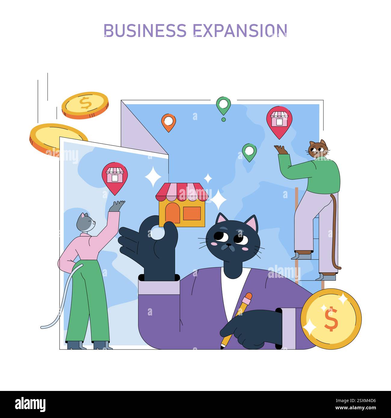 Business expansion concept featuring anthropomorphic characters ...