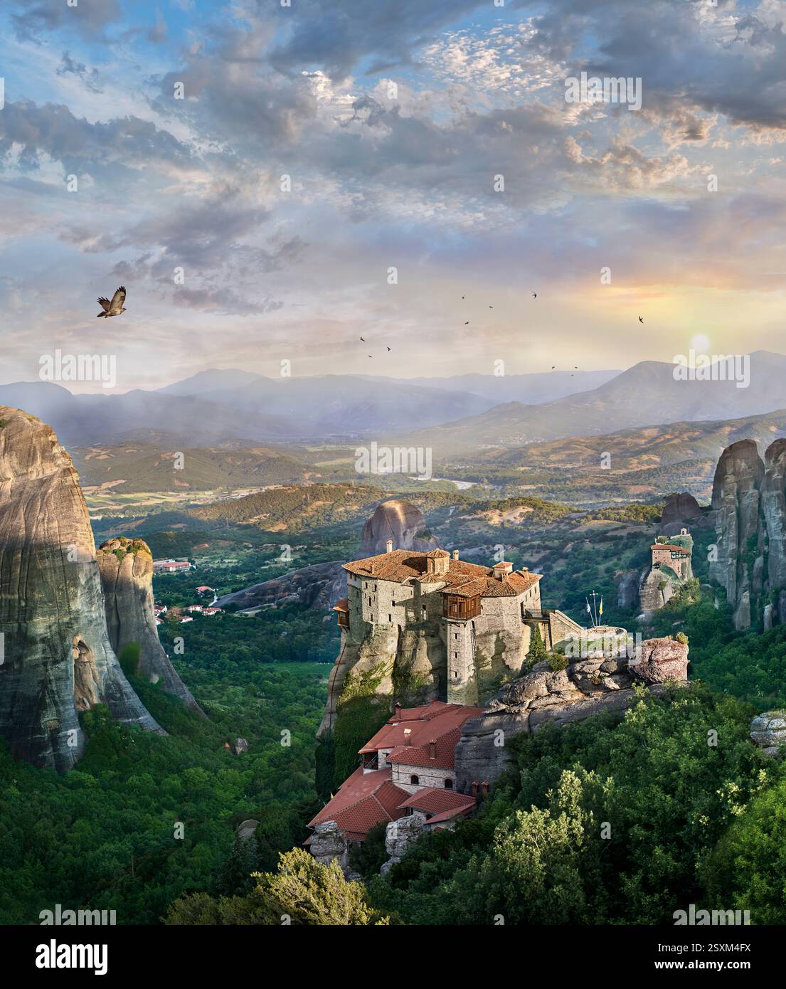 Medieval Meteora Monastery of St. Rousanou (Μονή Ρουσάνου) on top of a ...