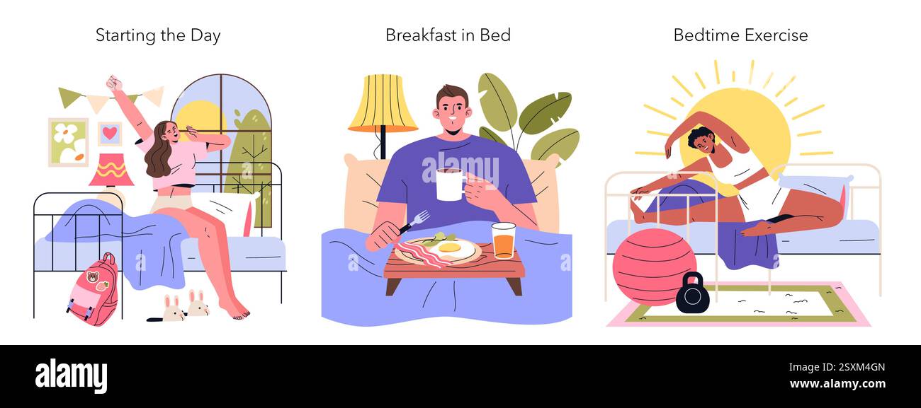 Morning routines illustrated through three scenes: waking up, enjoying ...