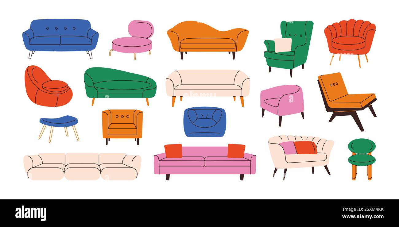 Modern home furniture. Cozy sofas, chairs, armchairs, ottomans, and ...