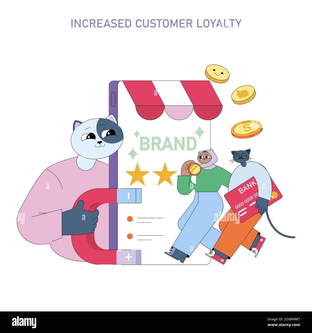 Increased customer loyalty concept. Captures a playful scene of diverse ...