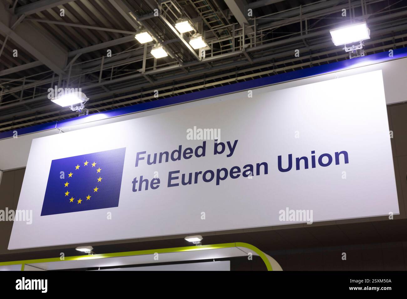 European Union flag seen on a board with the inscription "funded by the ...