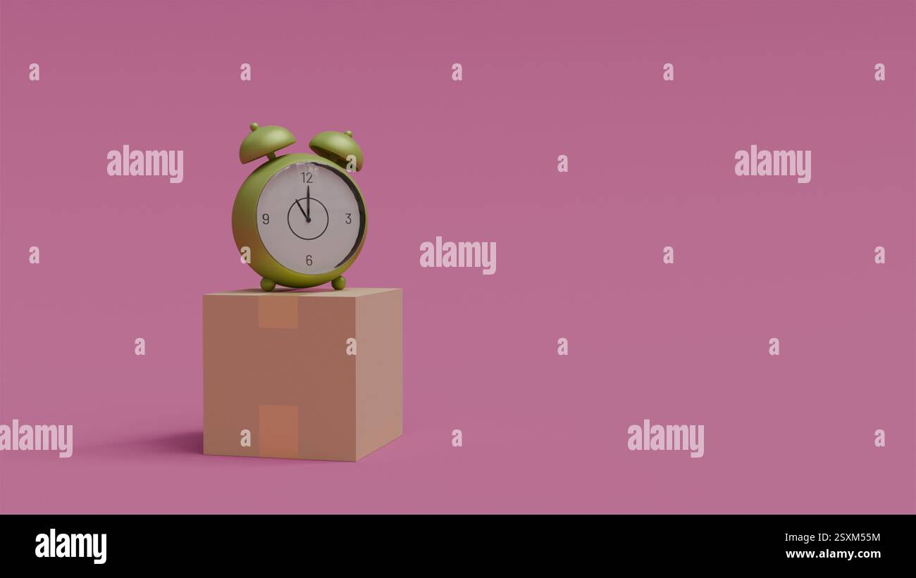 3D model of cardboard box and green alarm clock on purple background ...
