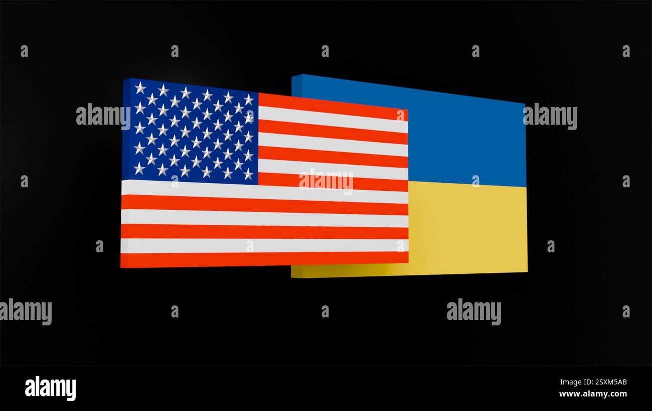 3D model of the flag of America and Ukraine on a black background ...