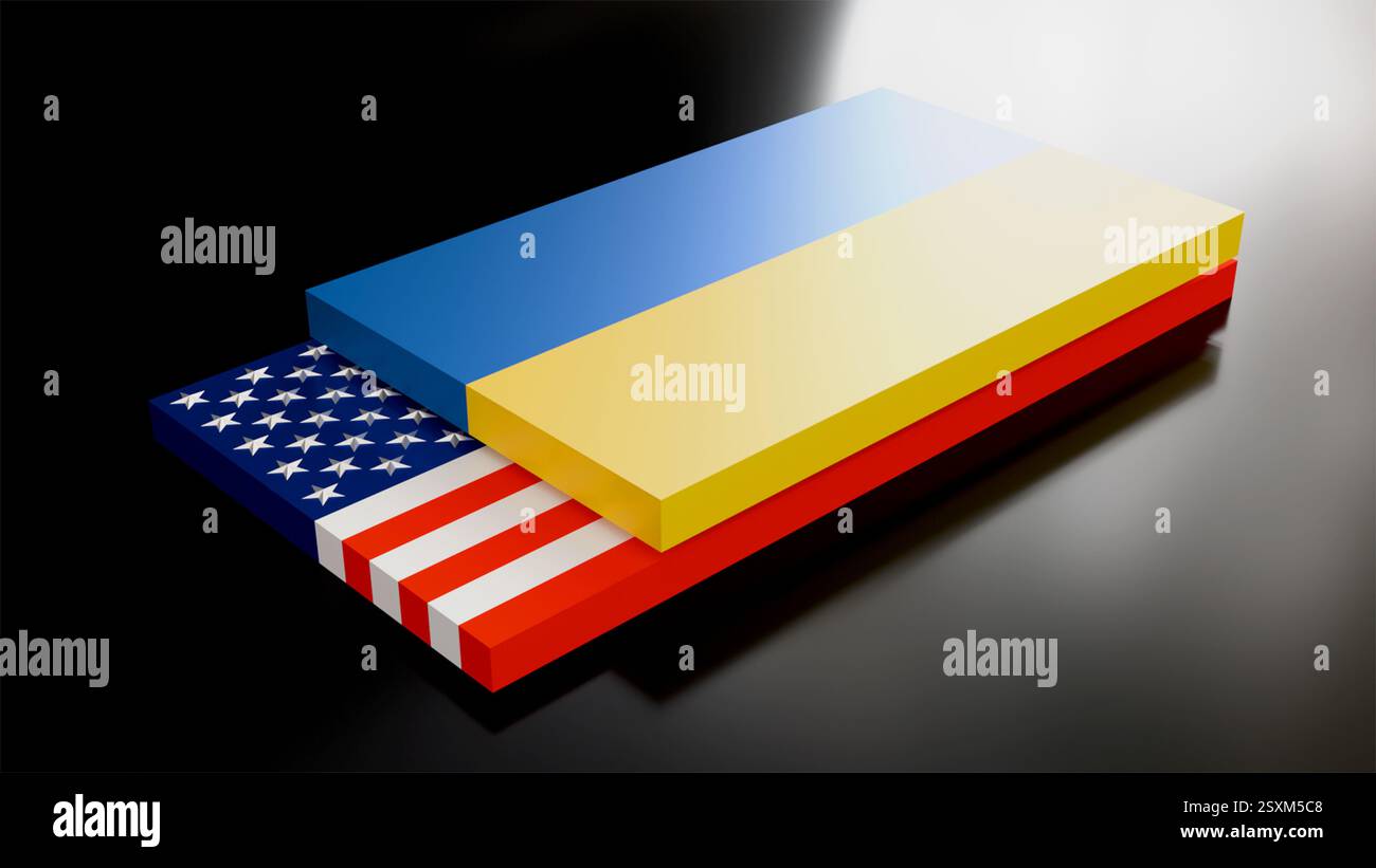 3D model of the flag of America and Ukraine on a black background ...