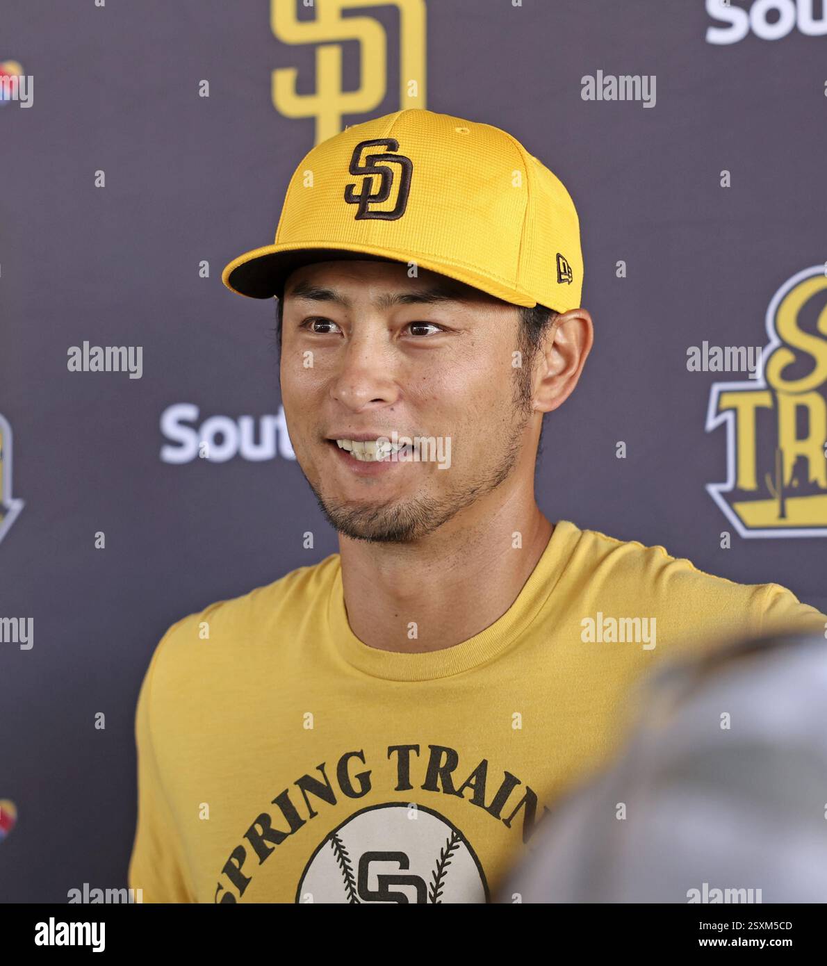 San Diego Padres pitcher Yu Darvish meets the press after throwing in a ...