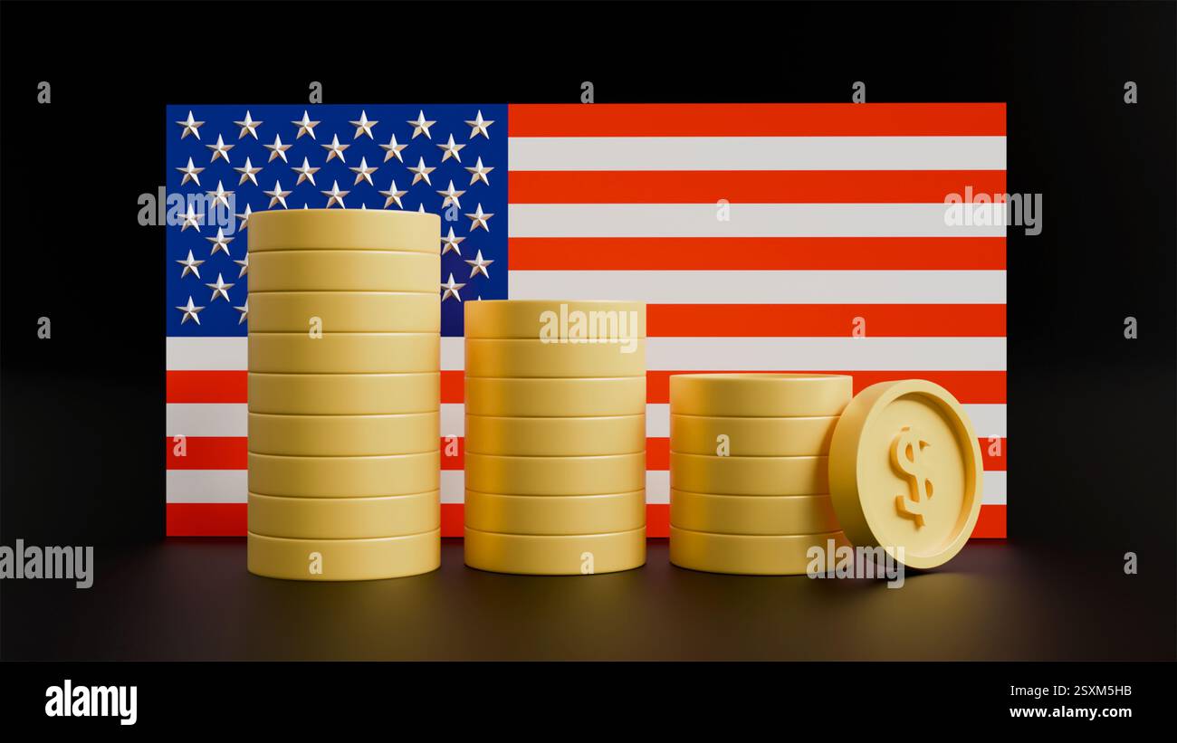 3D model of American flag and stack of coins on black background ...