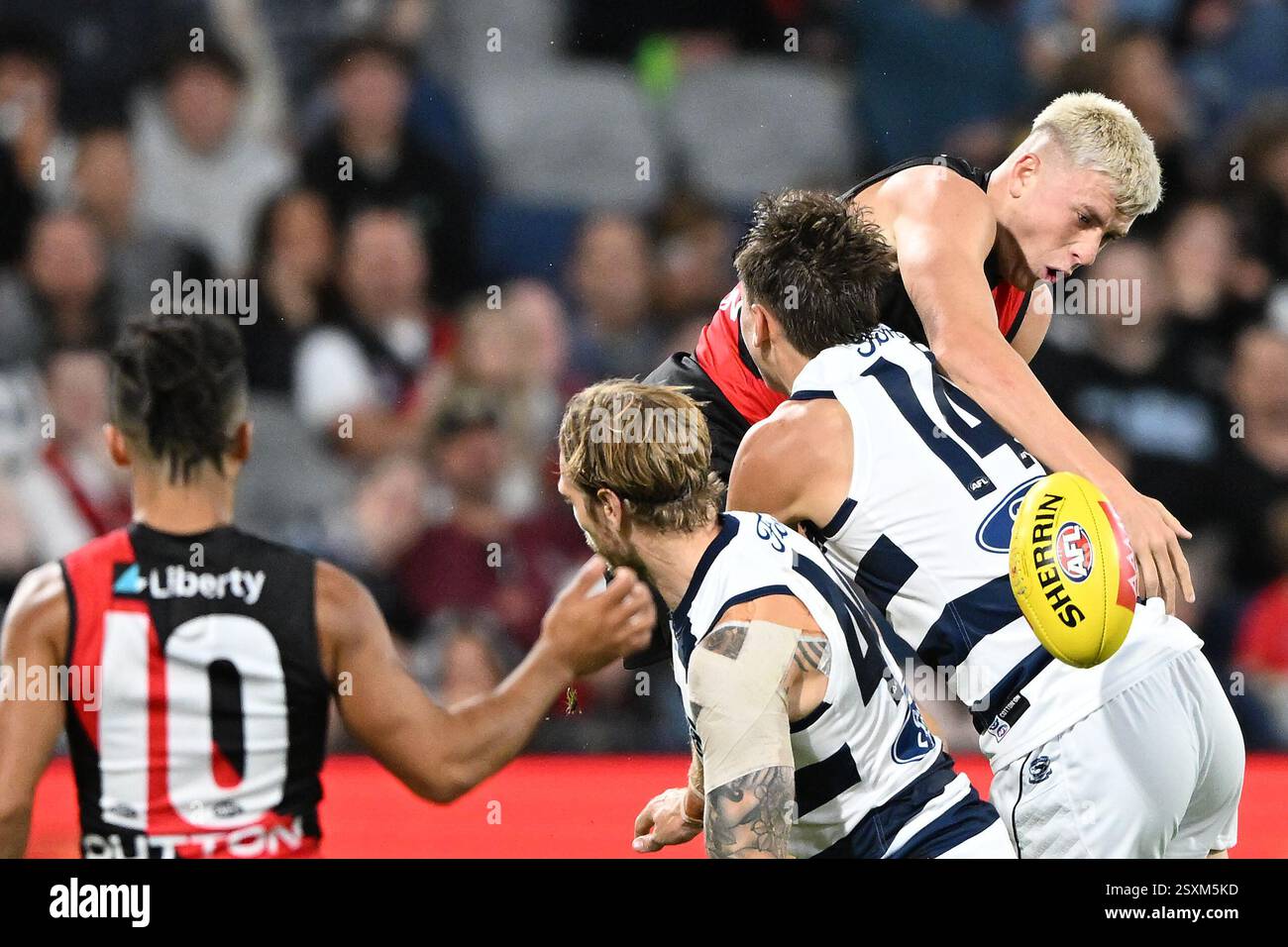 Geelong, Australia. 25th Feb, 2025. Nate Caddy of Essendon (right ...