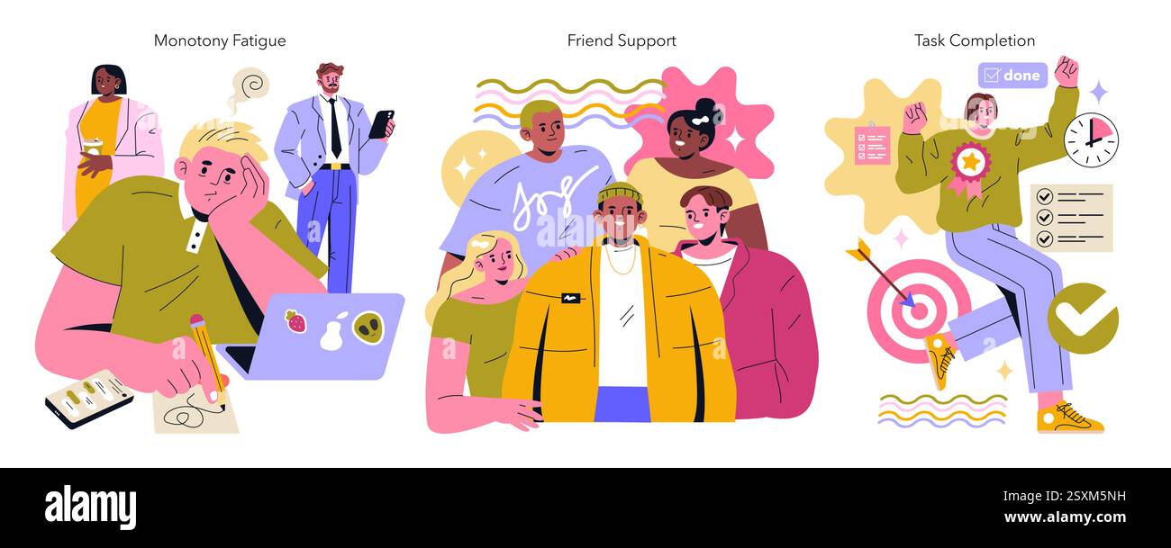 ADHD support illustration focusing on key themes like monotony fatigue, friend support, and ...