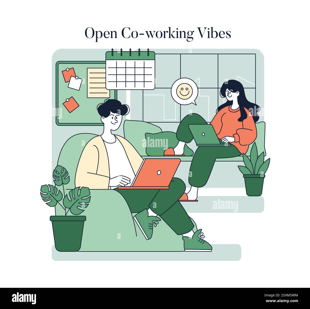 Co-working environment illustration. Individuals work together in a ...