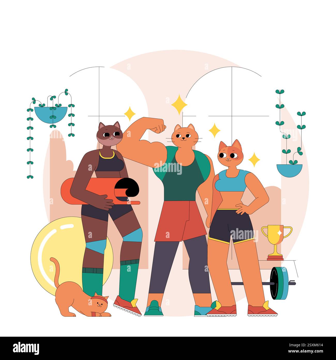 Fitness illustration featuring anthropomorphic cats showcasing their ...