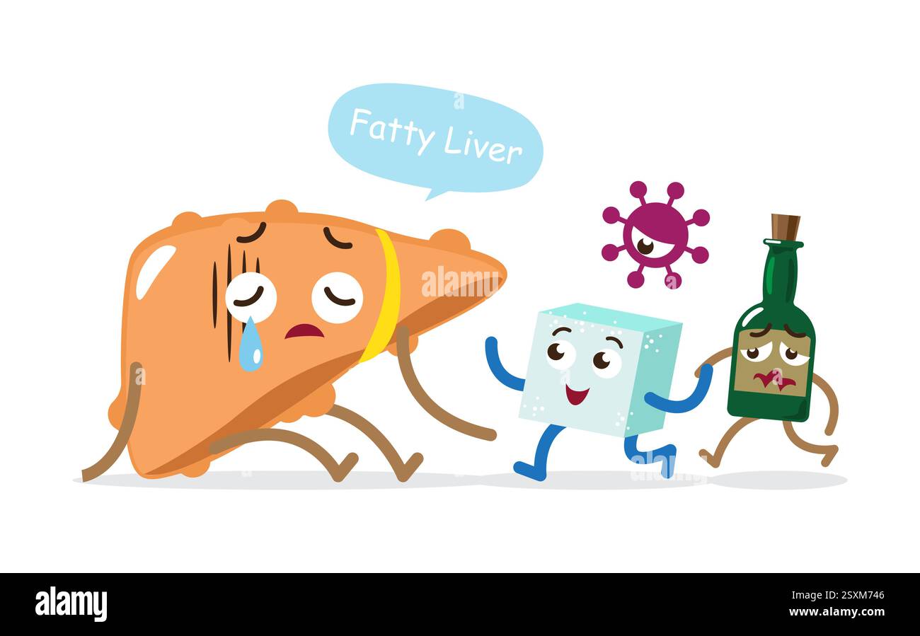 Fatty liver with sugar, hepatitis virus, alcohol . Cute medical cartoon ...