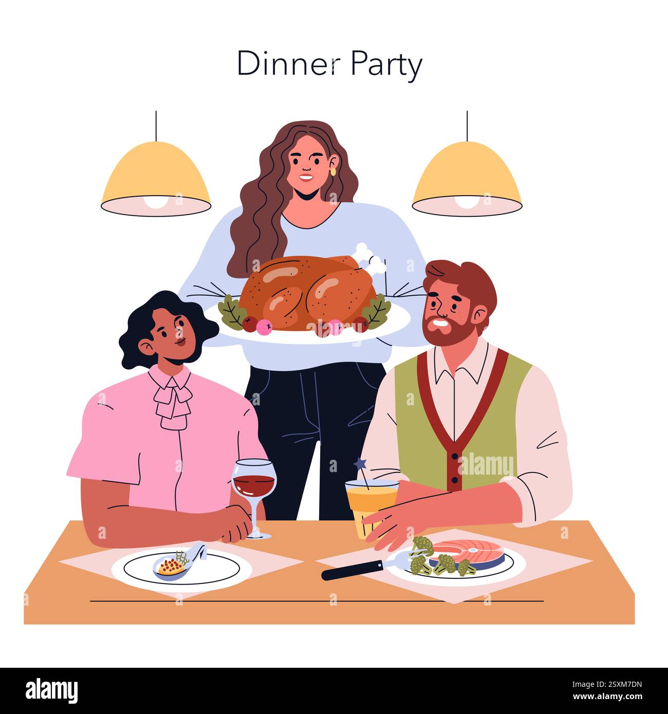 A lively dinner party scene featuring friends enjoying a meal. One ...