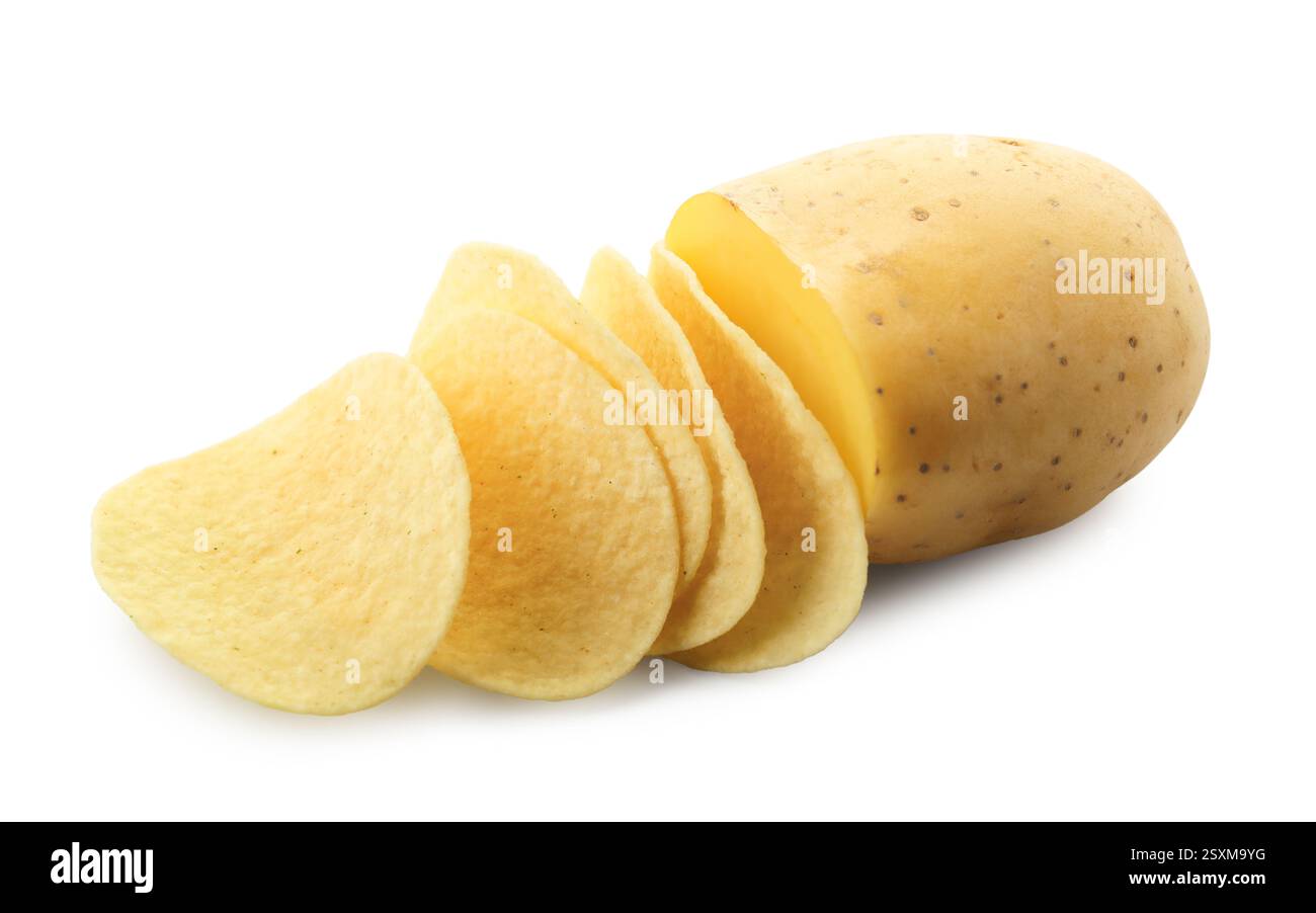 Tasty chips and sliced raw potato isolated on white Stock Photo - Alamy