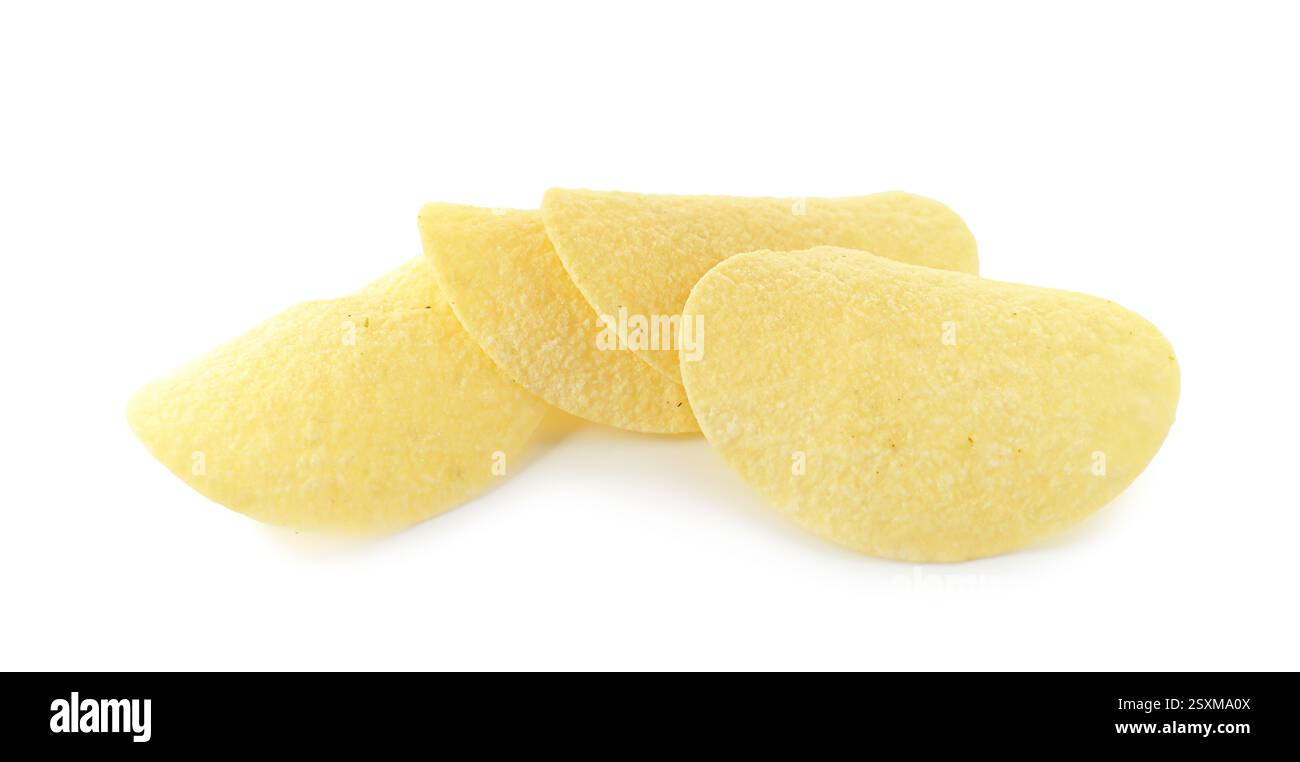 Many tasty potato chips isolated on white Stock Photo - Alamy