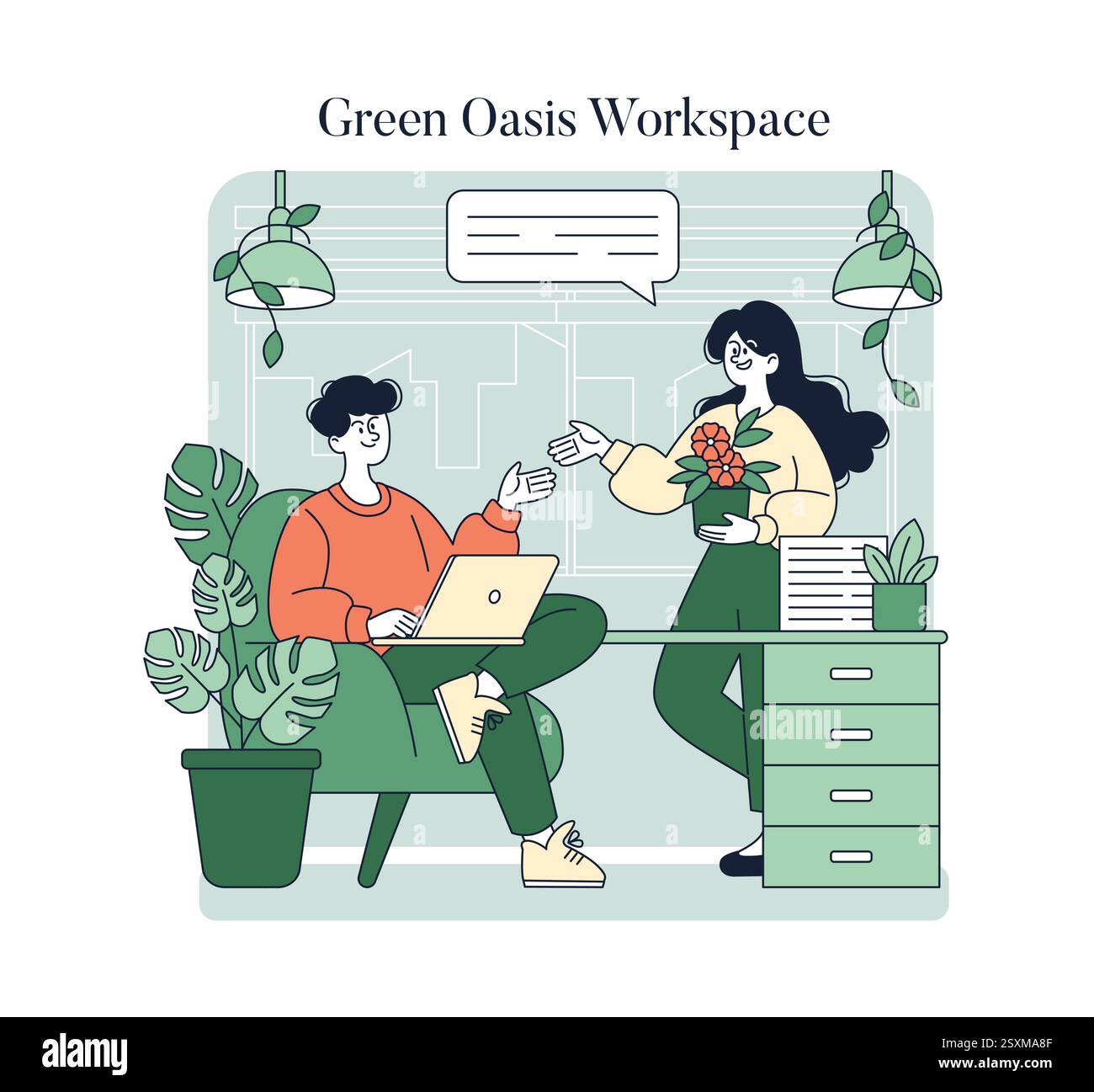 Green Oasis Workspace. This illustration features a relaxed office ...