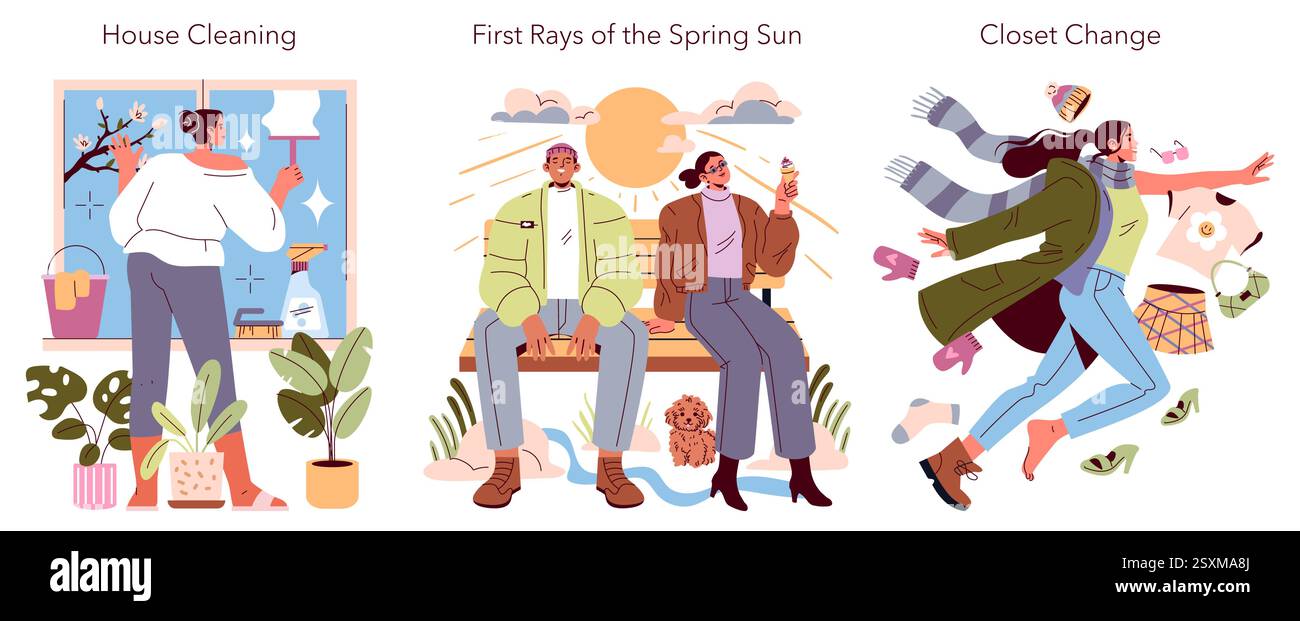 Spring Equinox Day illustration. Three scenes reflect seasonal changes ...