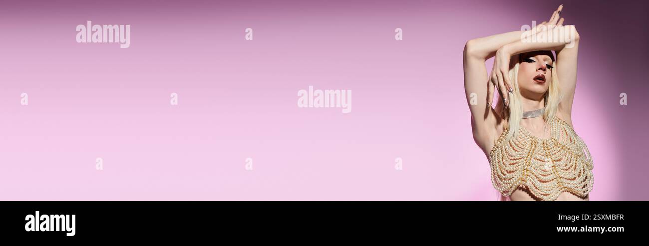 A confident drag queen exudes style and charm with arms raised in a ...