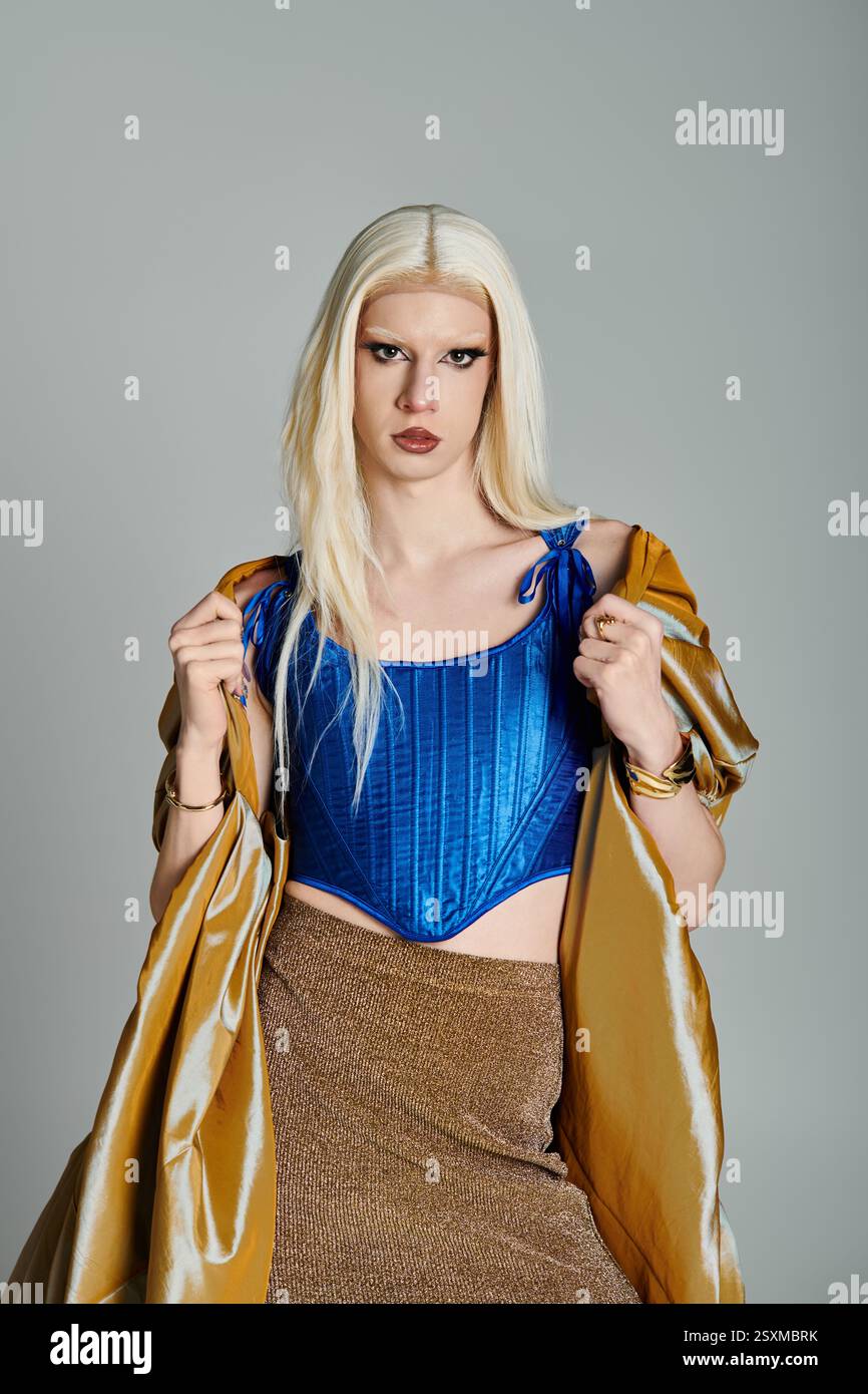 Stylish young drag queen showcases trendy attire in a contemporary ...