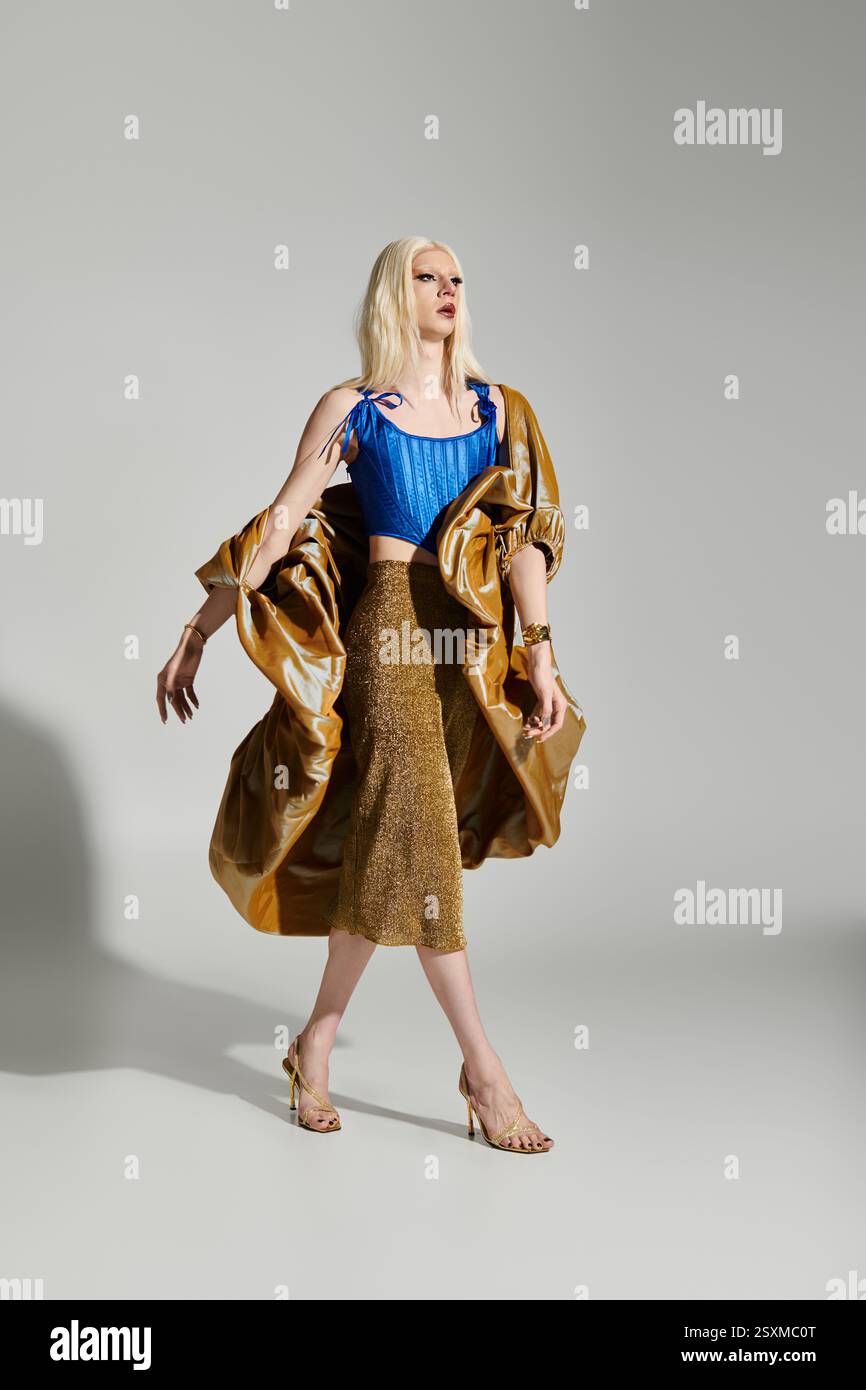 A stylish young drag queen confidently struts in a chic outfit, radiating vibrant energy and ...