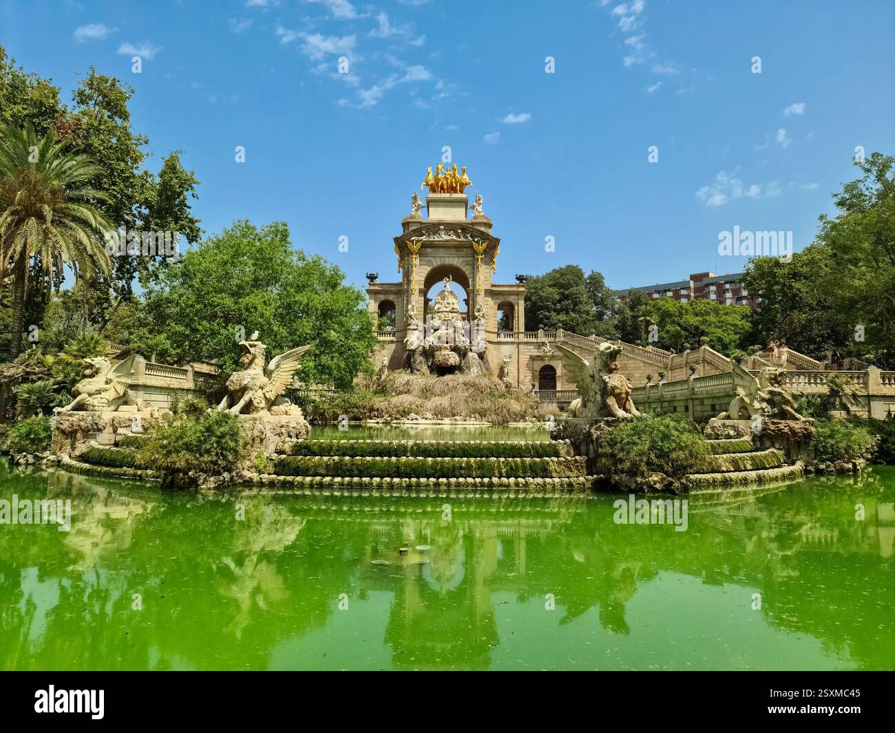 Barcelona, 18. July 2024: Cascada monumental fountain with golden ...