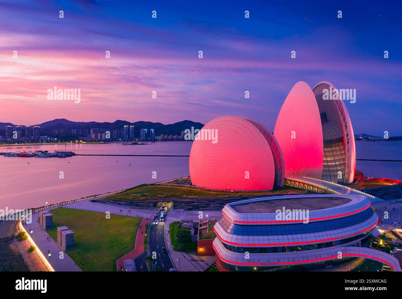 Night aerial view of Zhuhai Grand Theatre in Guangdong Province, China ...