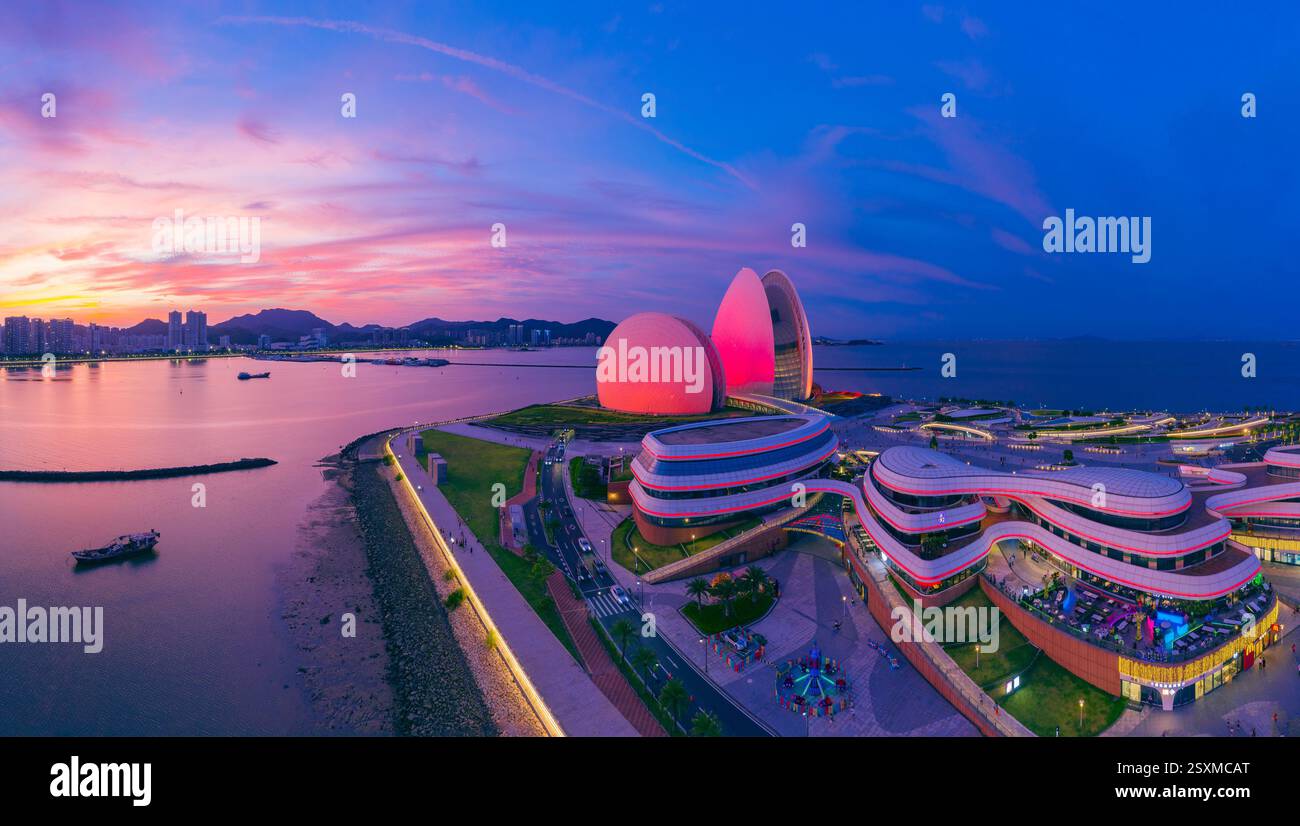 Night aerial view of Zhuhai Grand Theatre in Guangdong Province, China ...