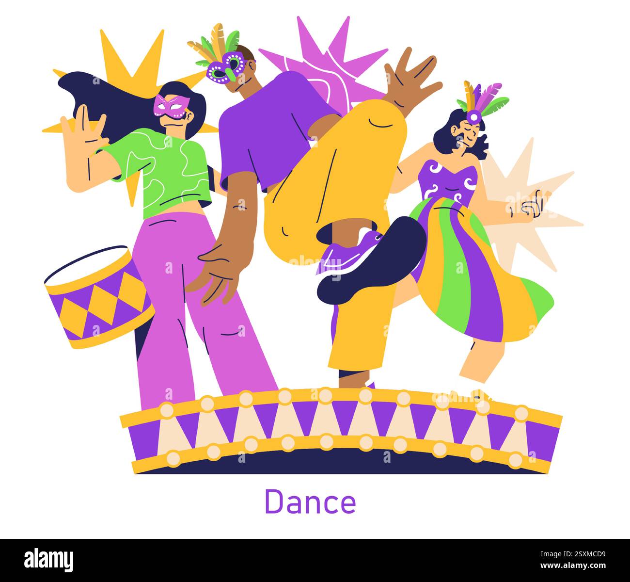 Mardi Gras celebration scene. Dancers showcase vibrant energy and joy, surrounded by colorful ...