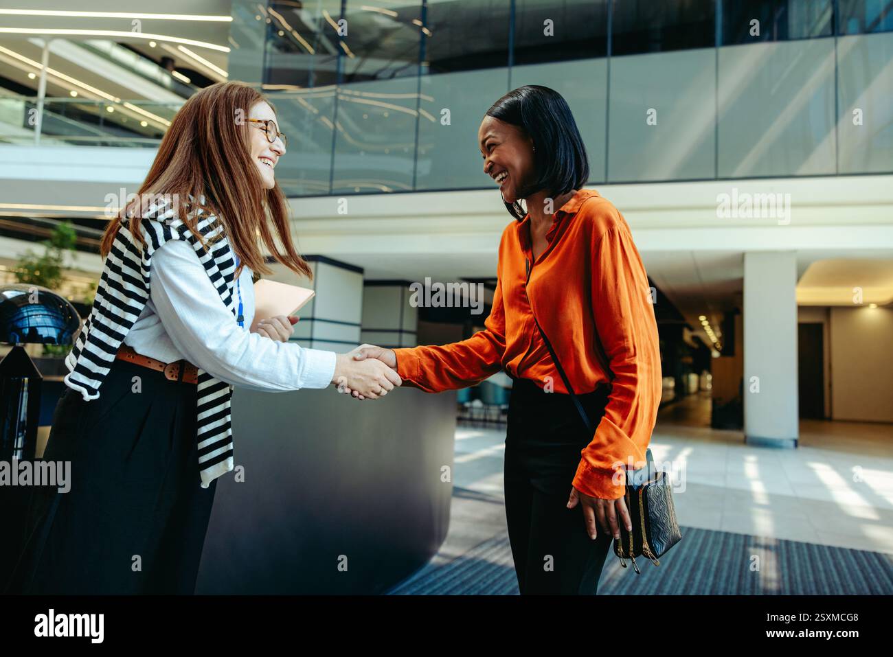 Business colleagues meet and greet with a handshake in a contemporary ...