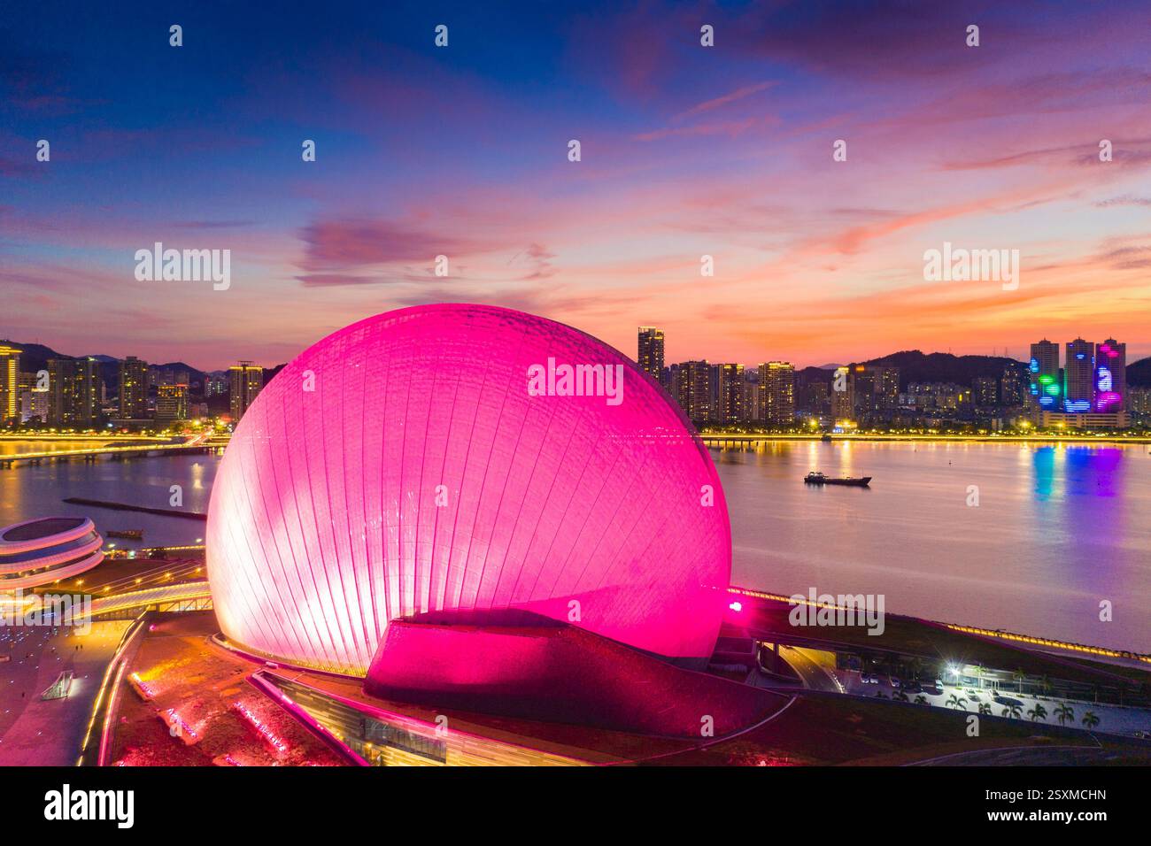 Night aerial view of Zhuhai Grand Theatre in Guangdong Province, China ...