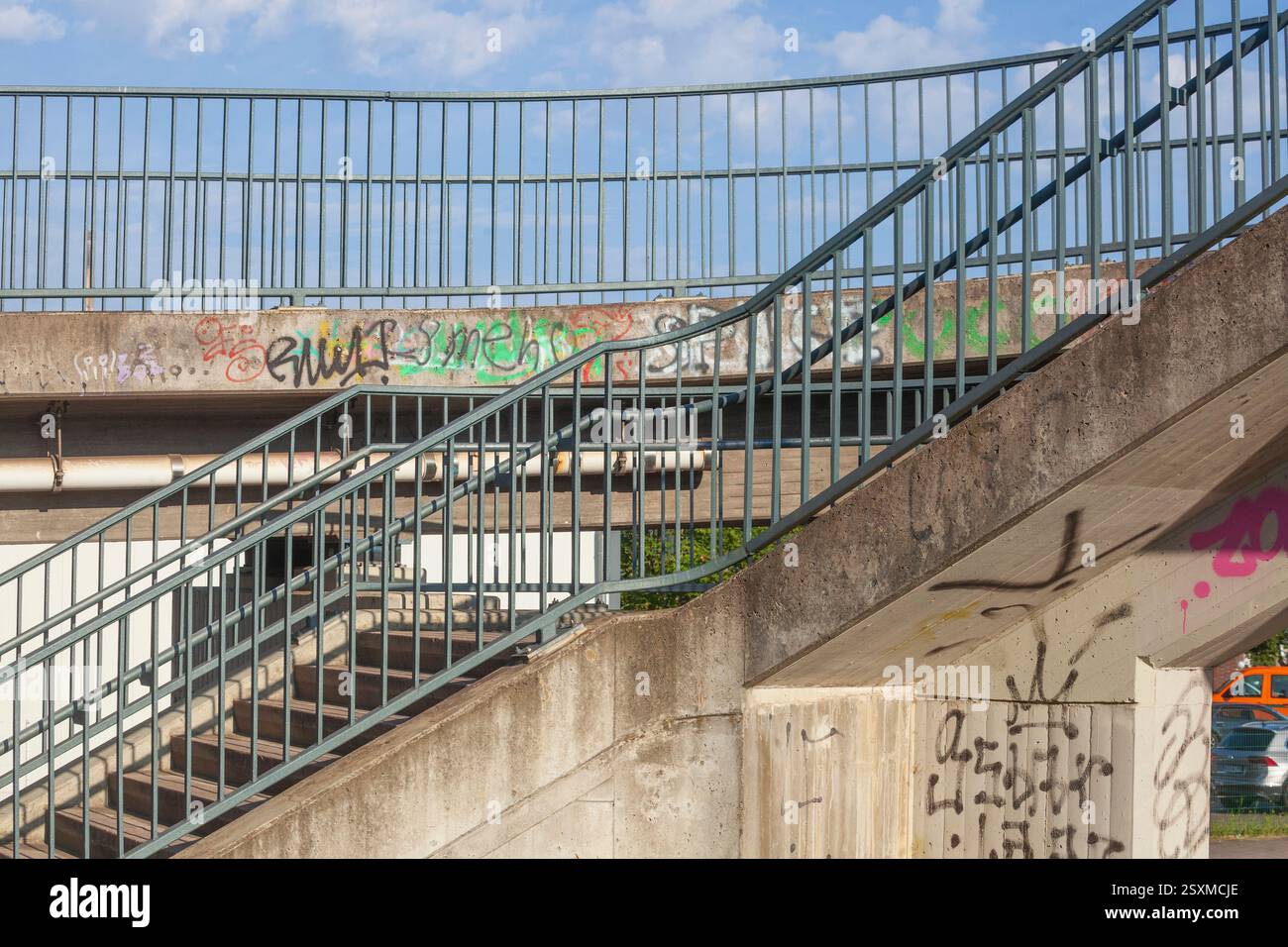 Concrete stairs and banisters on a pedestrian bridge, Germany Stock ...