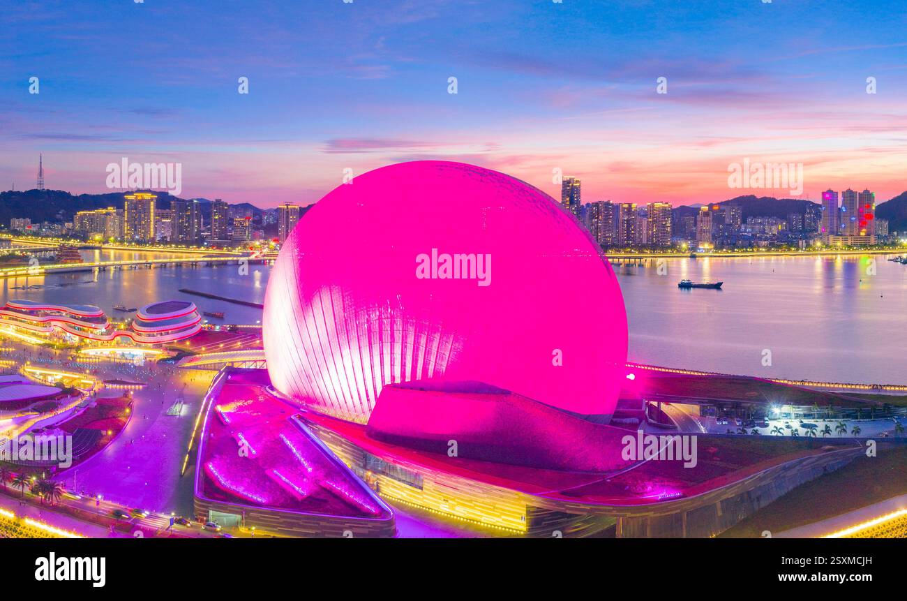 Night aerial view of Zhuhai Grand Theatre in Guangdong Province, China ...