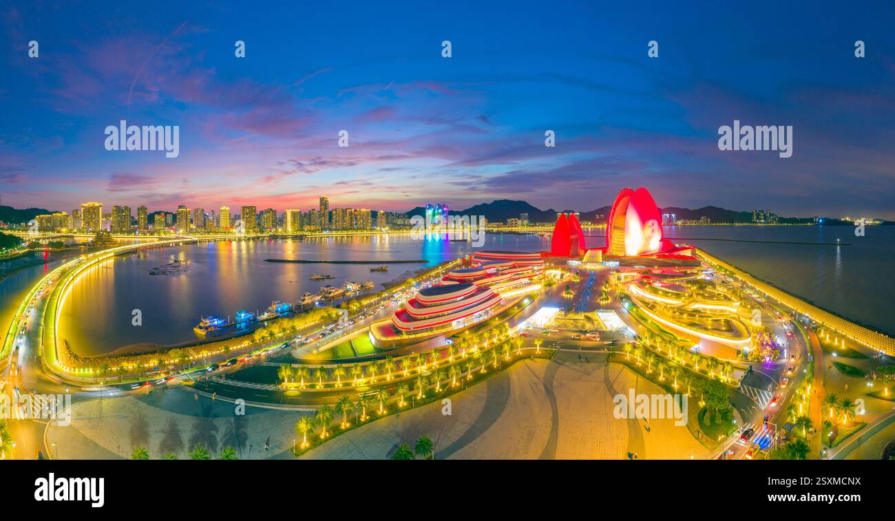 Night aerial view of Zhuhai Grand Theatre in Guangdong Province, China ...