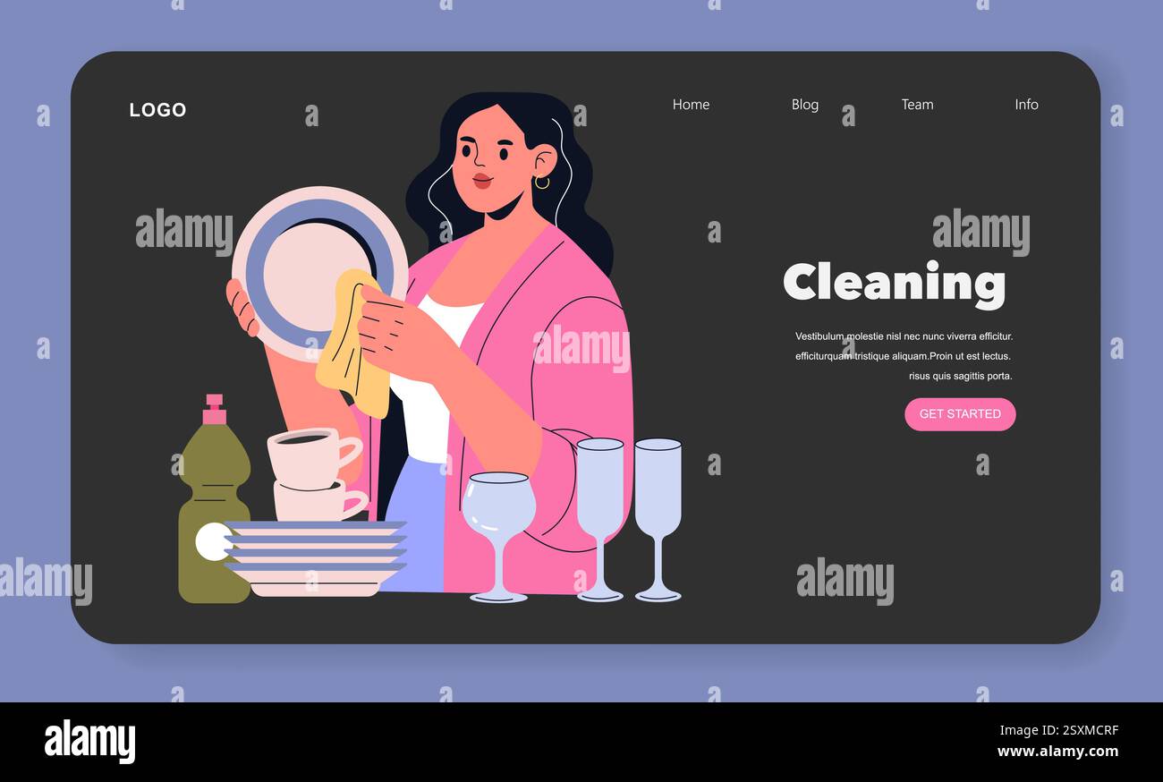 The illustration shows a person washing dishes in a warm home setting ...