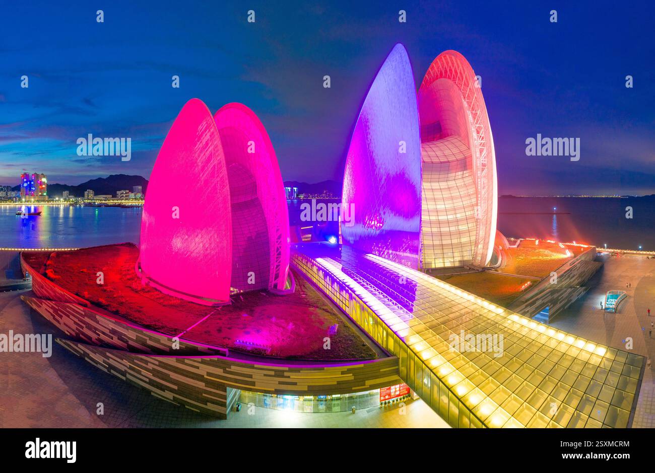 Night aerial view of Zhuhai Grand Theatre in Guangdong Province, China ...