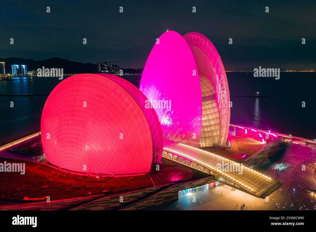 Night aerial view of Zhuhai Grand Theatre in Guangdong Province, China ...