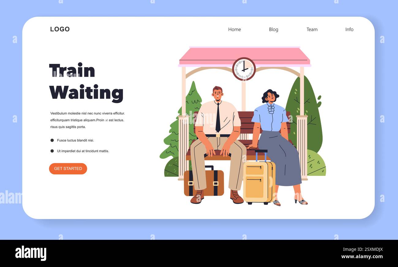 Train Travel scene. Two passengers waiting at a train station ...