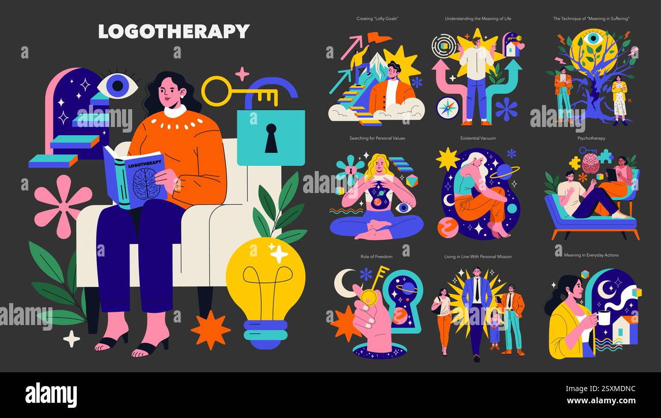 Logotherapy illustration. Explores the principles of logotherapy through vibrant visuals ...