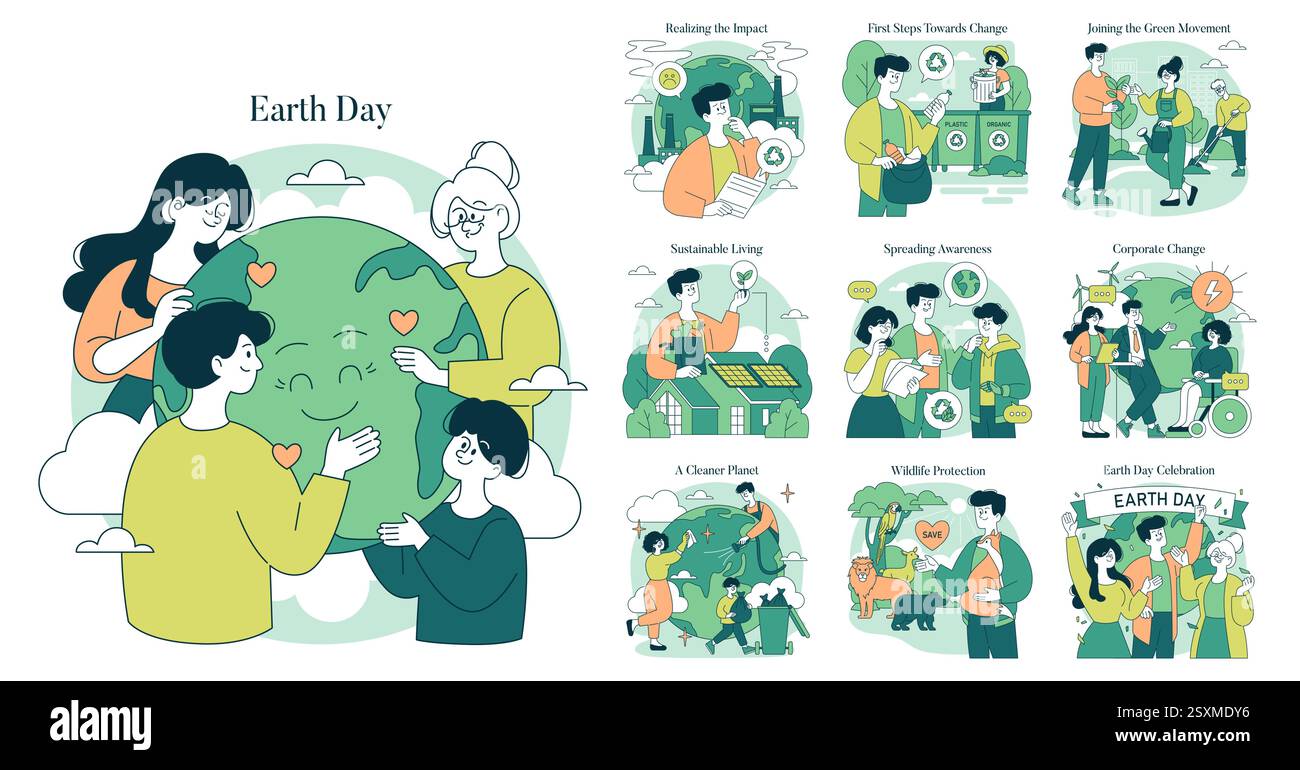 Earth Day illustration capturing collective actions for environmental preservation. Highlighting ...