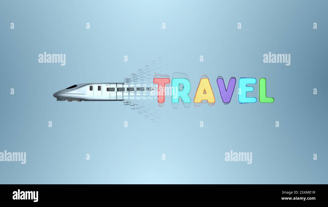 Modern bullet train transforming into vibrant 'TRAVEL' text ...