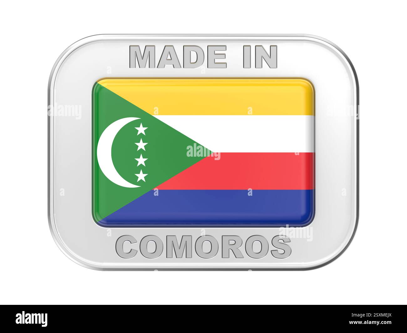 Made in Comoros, silver badge with the national flag of the Union of ...