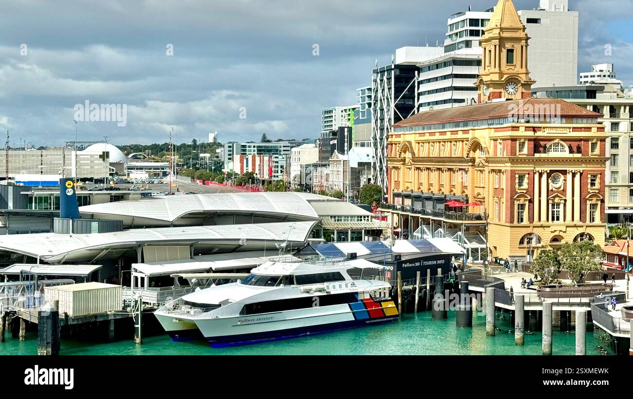 Ferry boats and Downtown Terminal and office buildings on Auckland ...