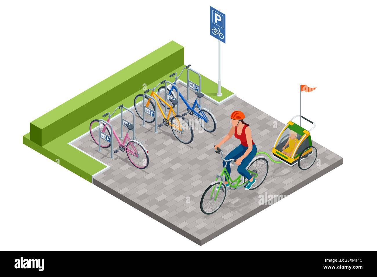 Isometric vector illustration of a woman riding a green bicycle with a ...