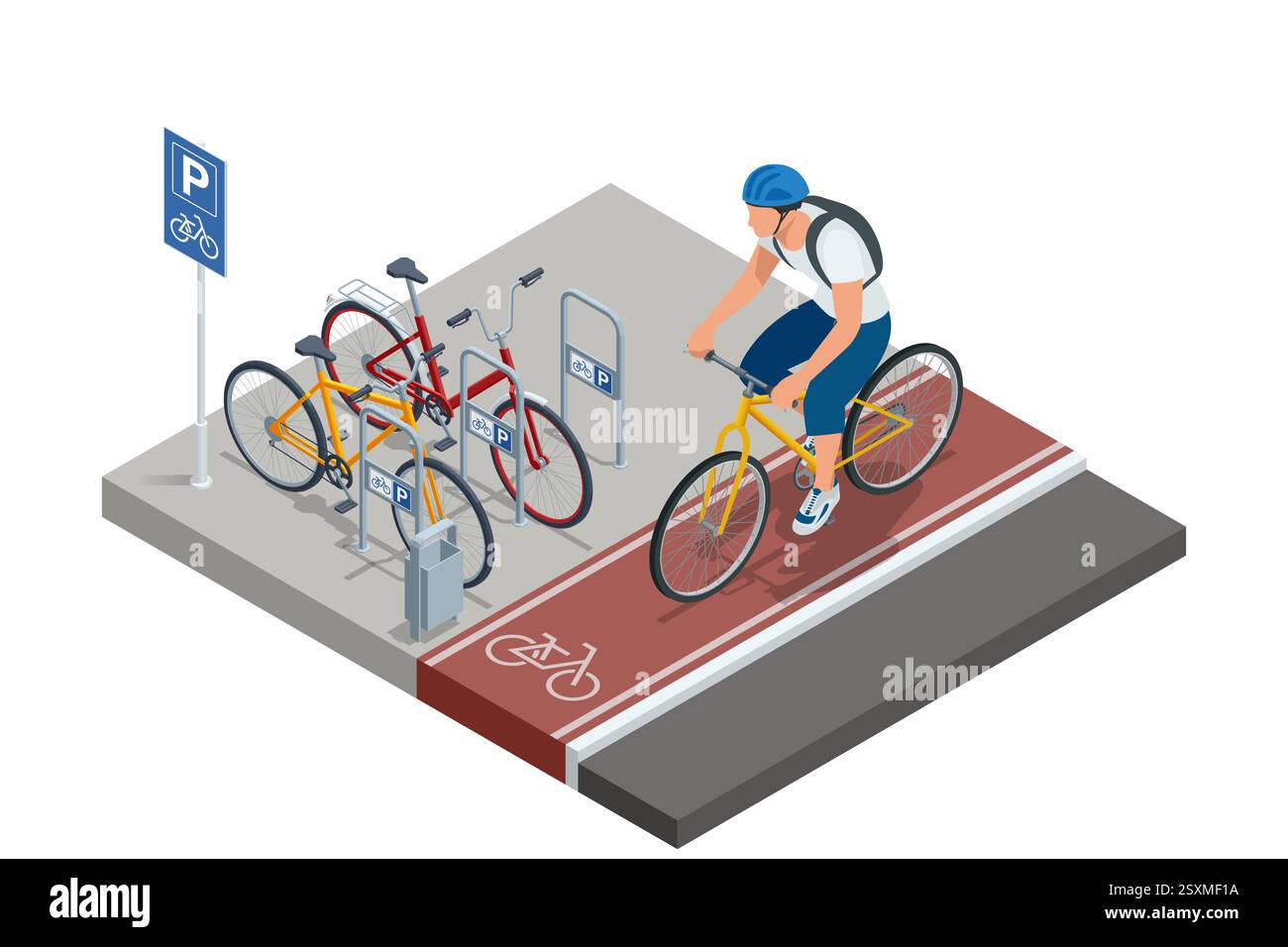 Isometric vector of a man cycling on a bike path near a bicycle parking ...